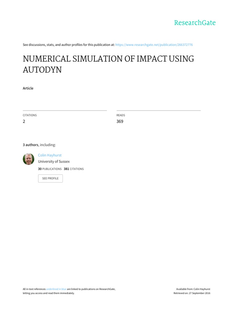 Numerical Simulation of Impact Using Autodyn | PDF | Fluid Dynamics ...