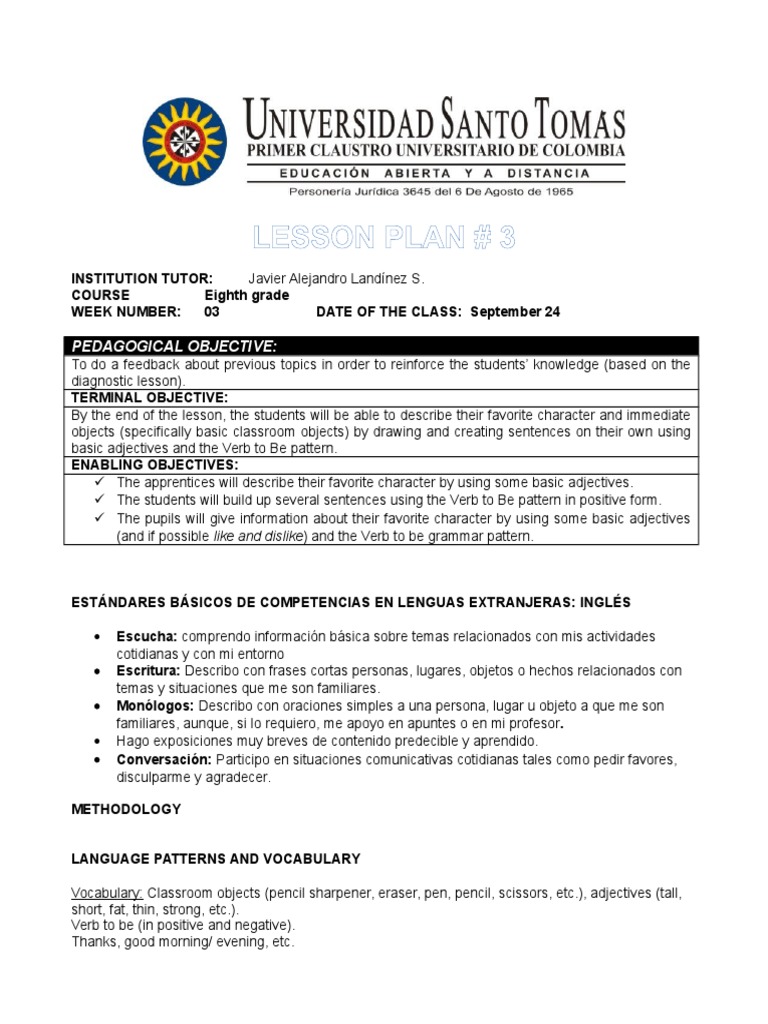 Third Lesson Plan - Javier A. Landinez | PDF | Adjective | Linguistic ...