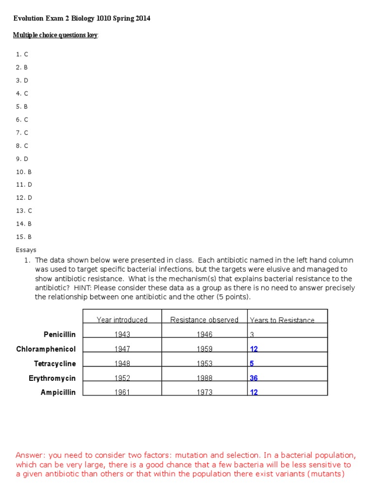 Evolution Exam 2 Biology 1010 Spring 2014: Multiple Choice Questions ...