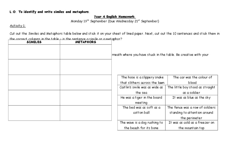 Similes and Metaphors Homework | PDF