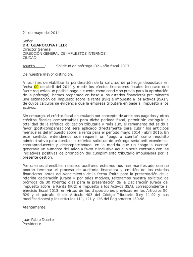 Carta de Solicitud de Prorroga Ir2 2013 Dgii - Escrito Complementario ...