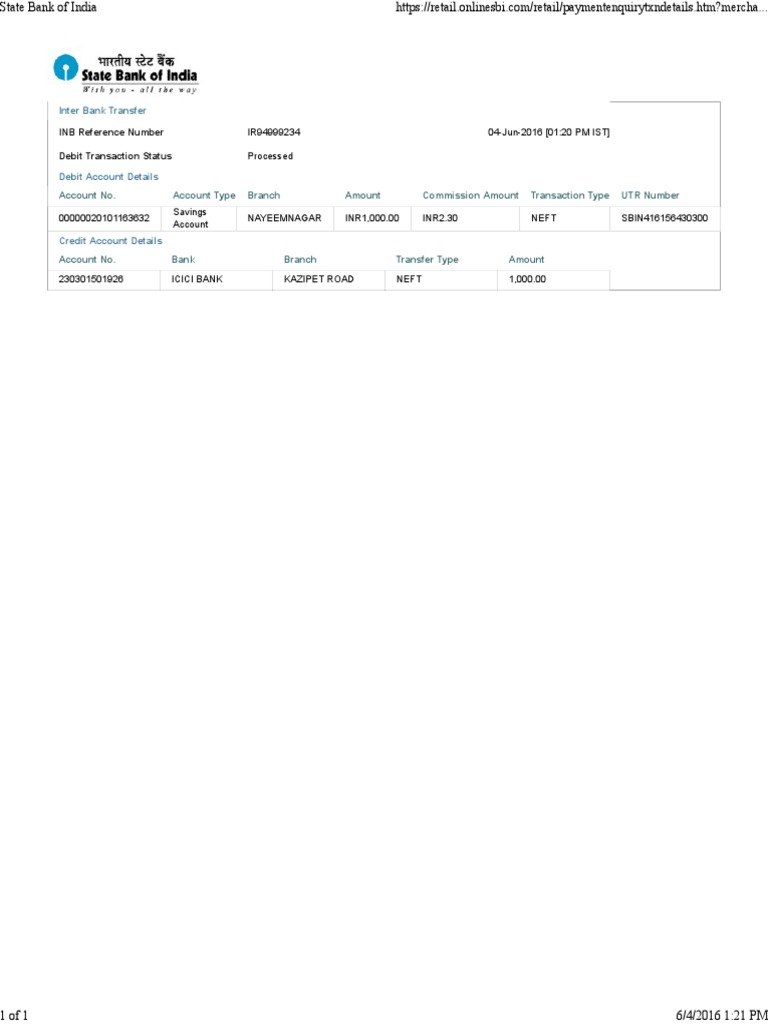 INB Reference Number IR94999234 04-Jun-2016 (01:20 PM IST) Debit ...