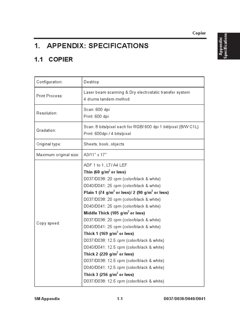 Appendix: Specifications: 1.1 Copier | PDF | Image Scanner | Local Area Network