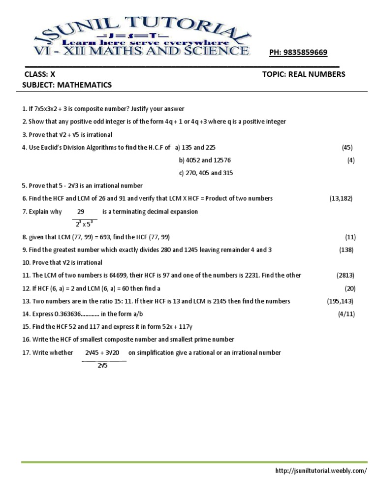10th Real Number Worksheet | PDF