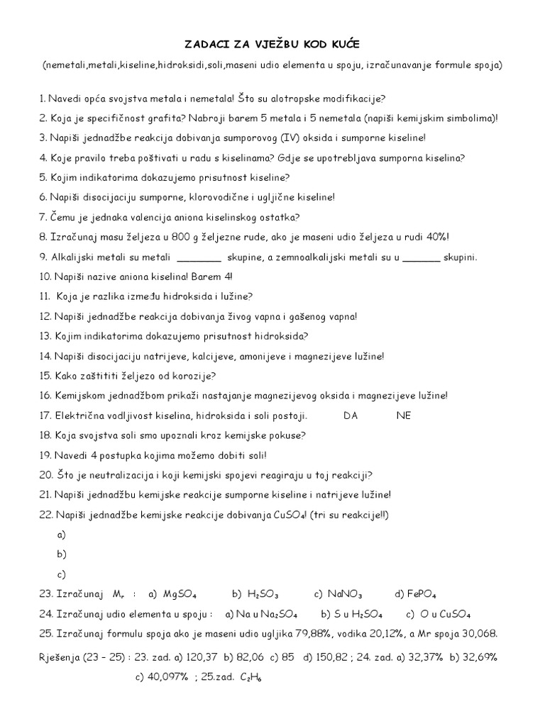 Zadaci Za Vjezbu Kod Kuce- Osmi Razred - Kemija