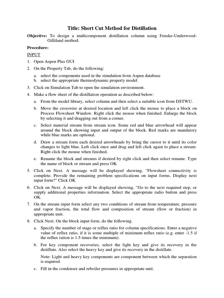 Short Fenske-Underwood-Gilliland Method | PDF | Distillation | Computing