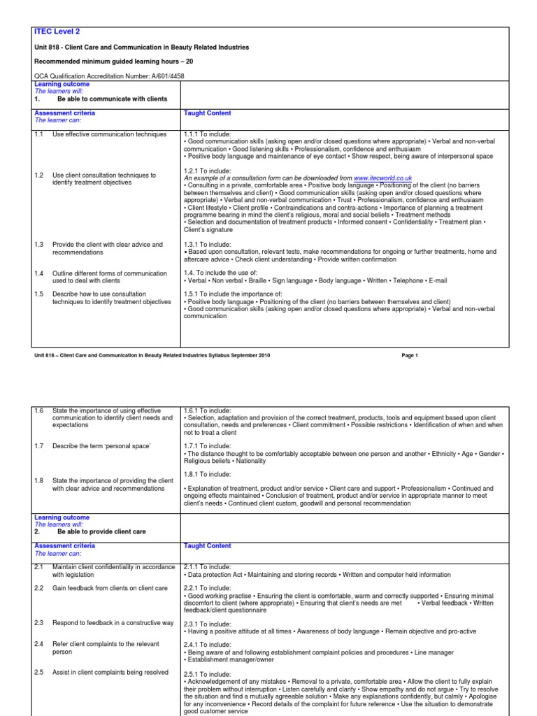 Unit 818 Client Care and Communication in The Beauty Related Industries ...