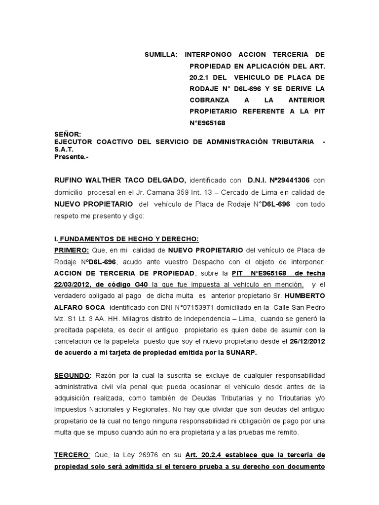 Terceria de Propiedad - Papeletas | PDF | Propiedad | Ley procesal