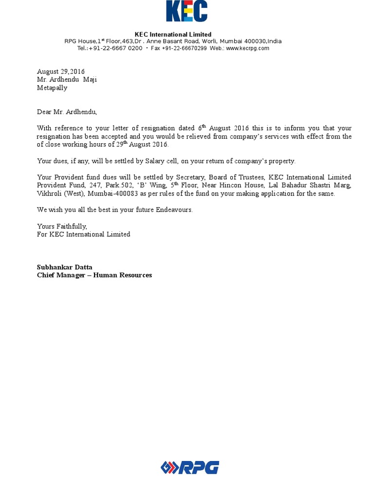 KEC International Relieving Letter | PDF