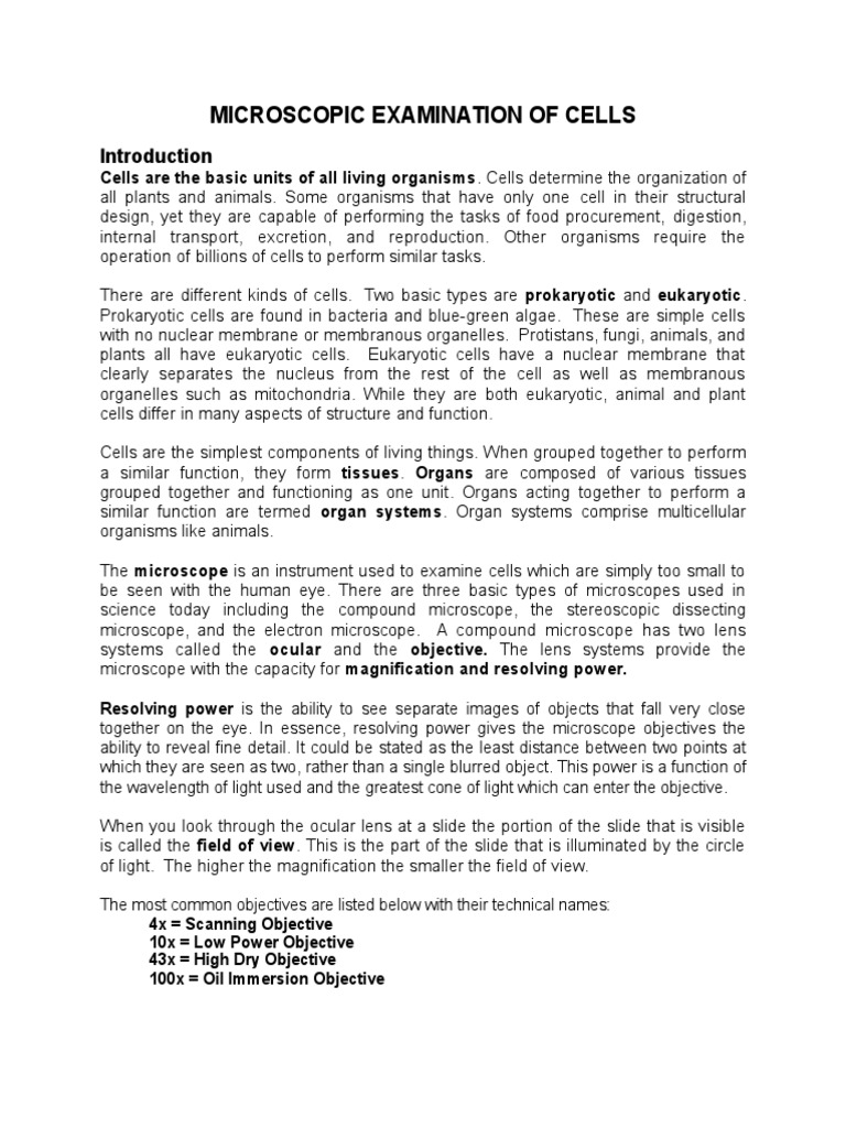 Microscopic Examination of Cells | PDF | Lens (Optics) | Organisms