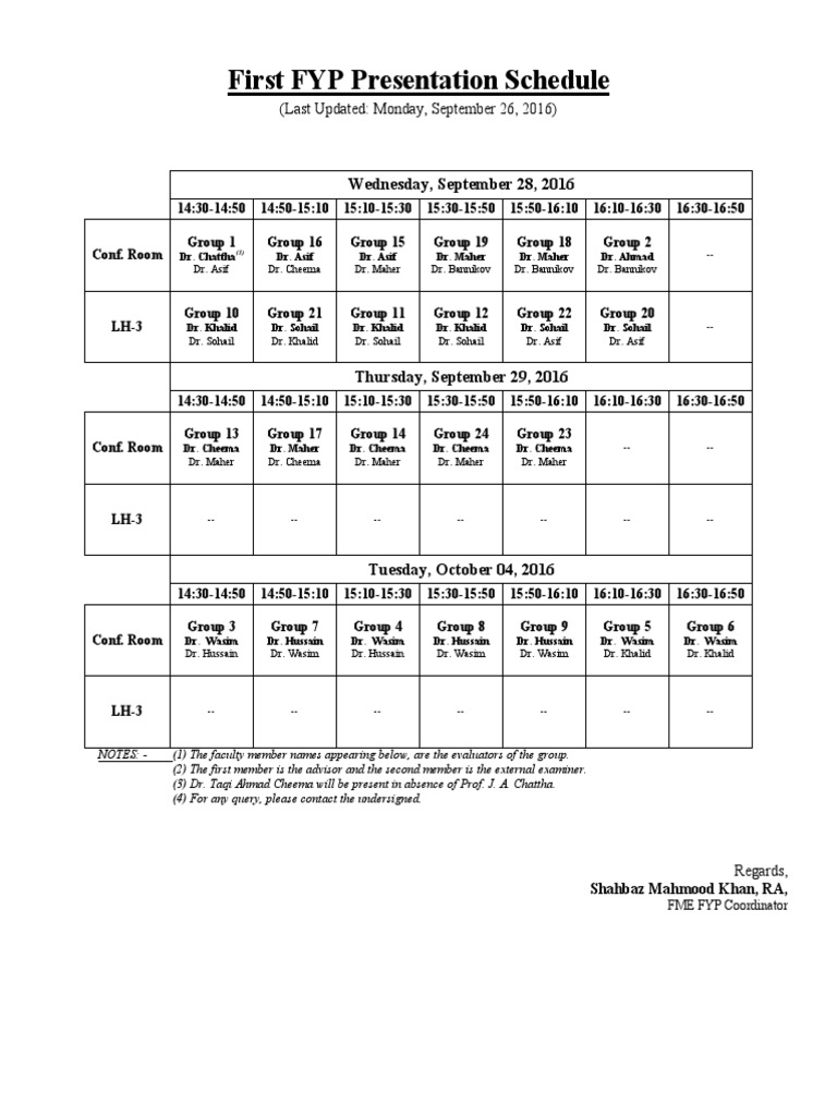 First FYP Presentation Schedule - 26!9!16 | PDF