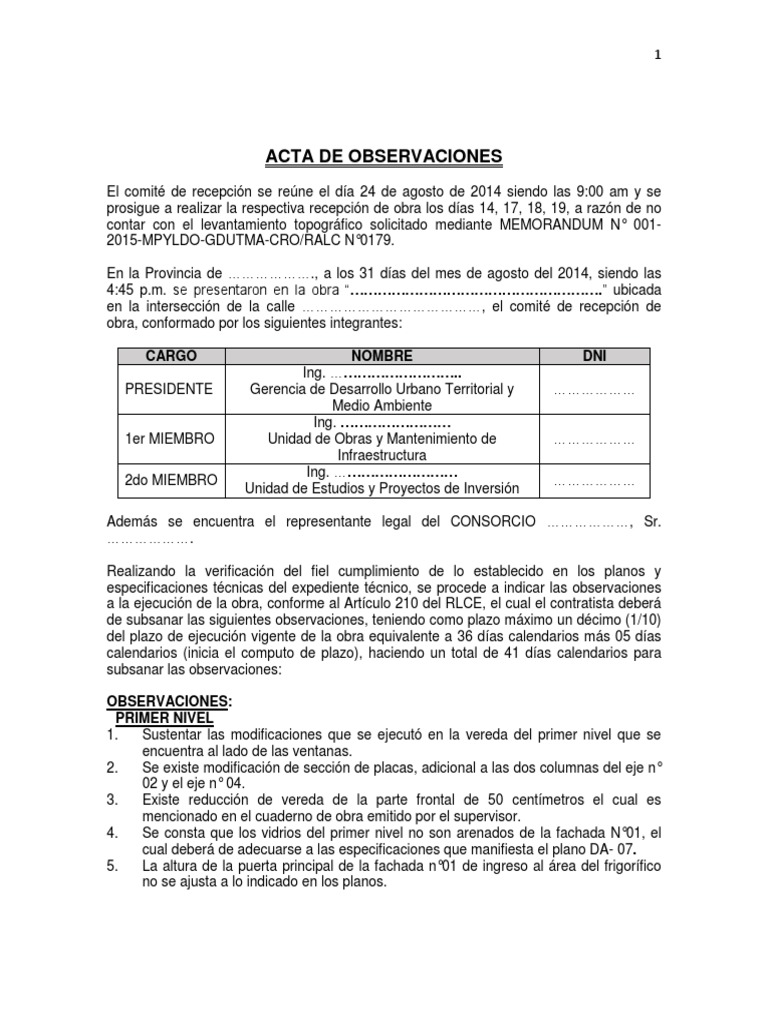 Acta de Observaciones de Recepcion de Obra