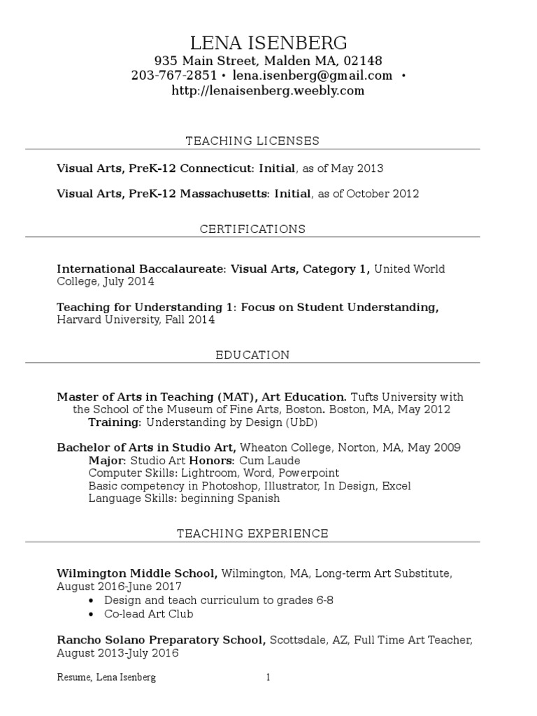 Resume Lena Isenberg 2016 | PDF | Visual Arts Education | Teachers