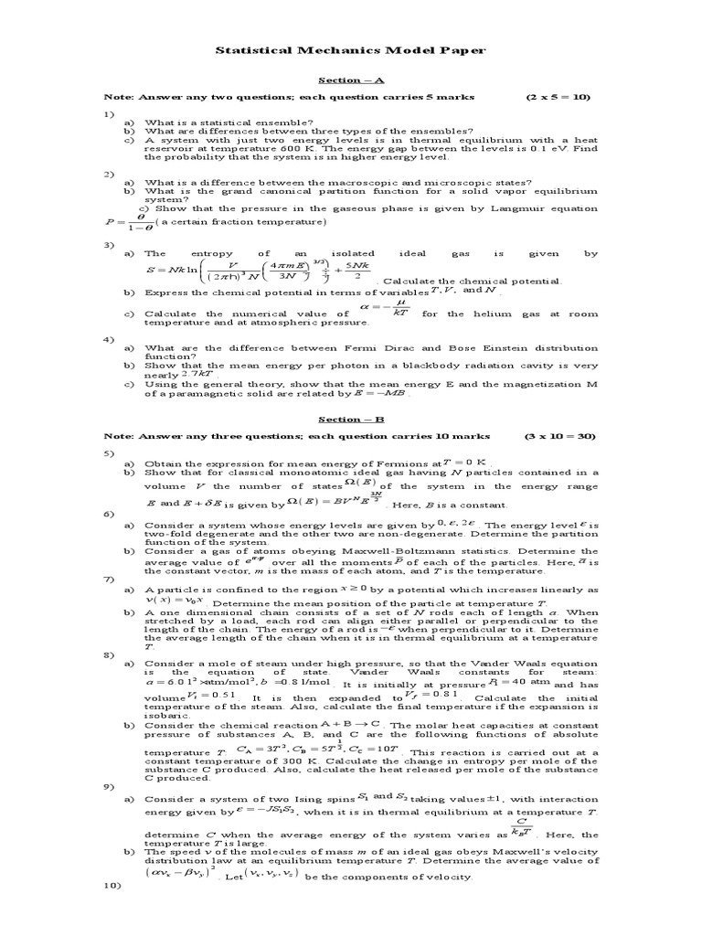 Statistical Mechanics Model Paper | PDF | Temperature | Gases