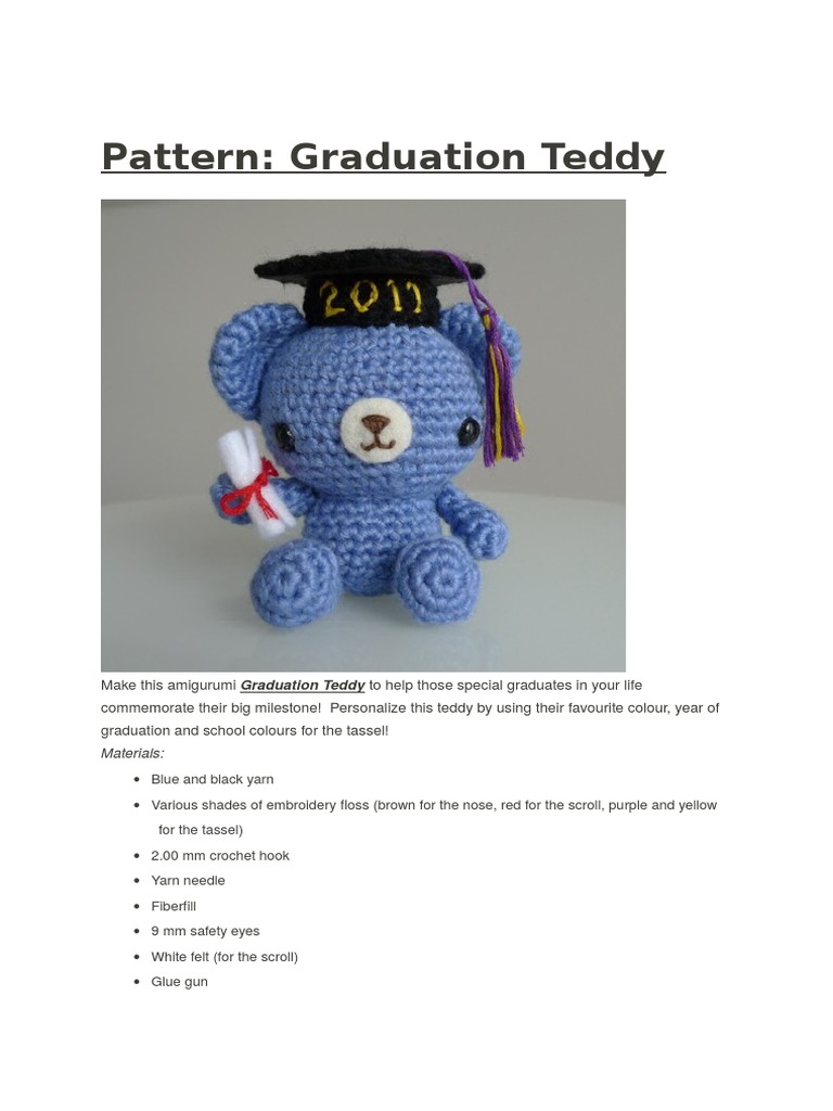 Amigurumi Graduation Teddy Pattern | PDF | Embroidery | Textile Arts