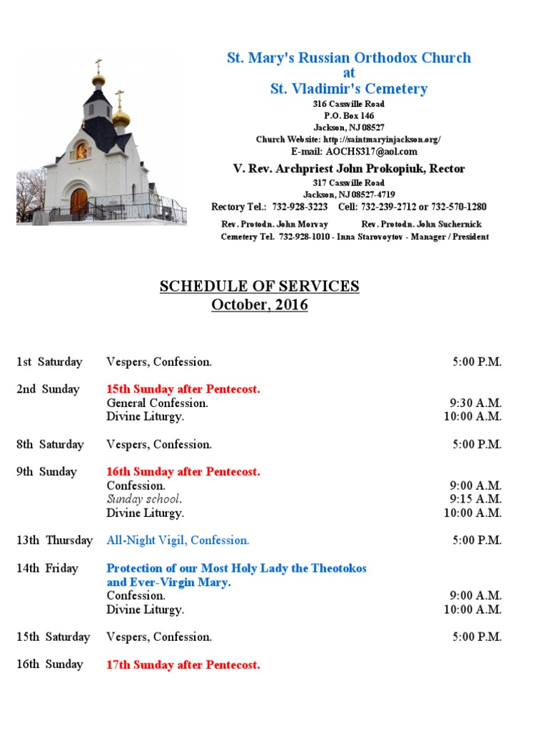 Schedule of Divine Services - October, 2016 | PDF | Travel | Religion ...
