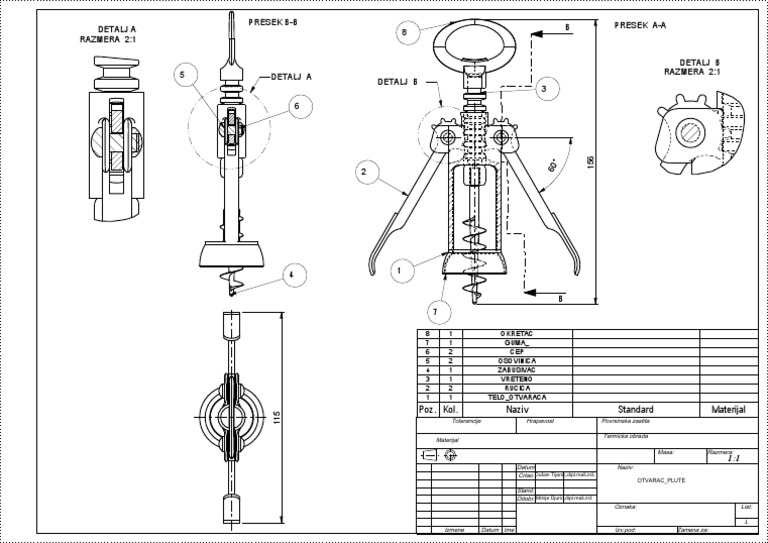 B Presek A-A 8 Presek B-B Razmera 2:1 Detalj A Detalj B: Materijal Standard Naziv Kol. Poz | PDF