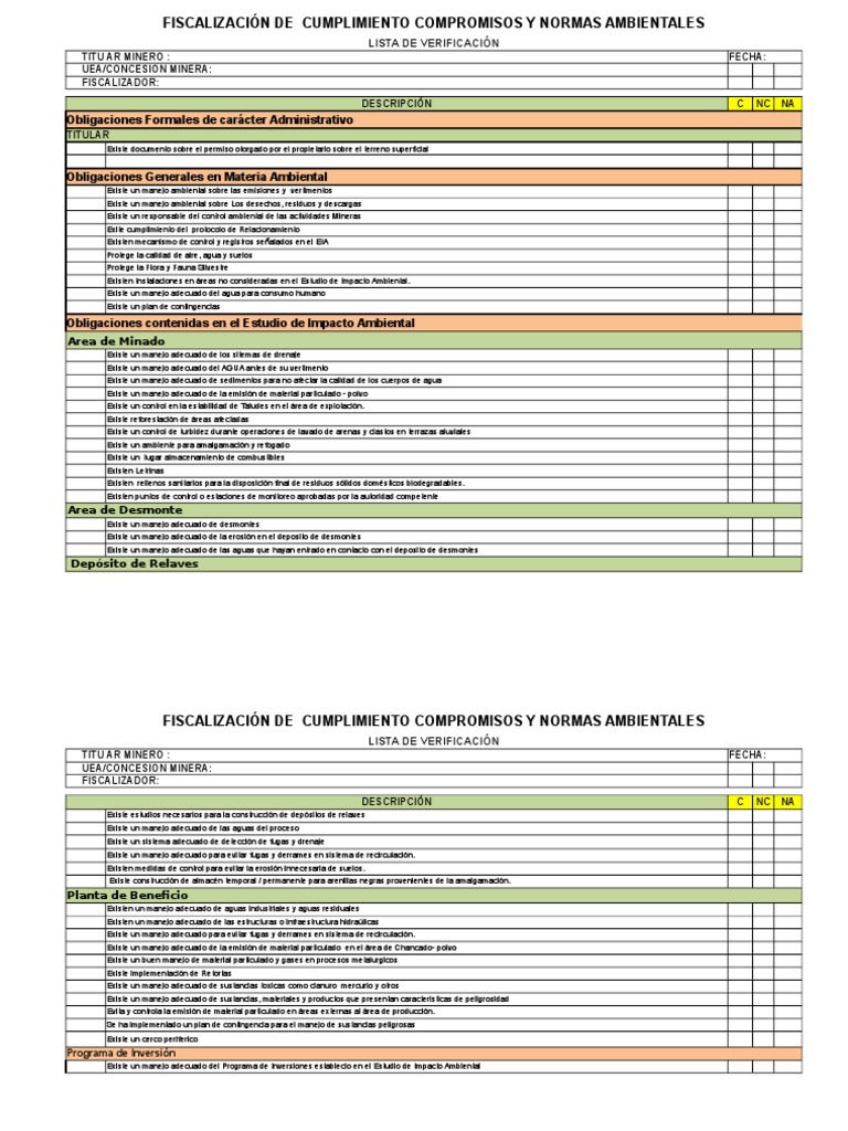 Checklist Pca | PDF | Minería | Evaluación de impacto ambiental