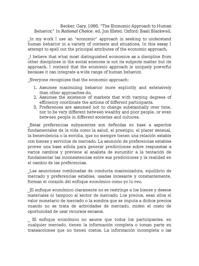 Gary Becker The Economic Approach To Human Behavior Pdf Mercado
