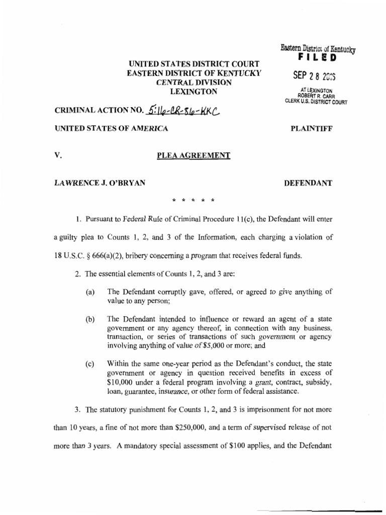 O'Bryan Plea Agreement on Bribery Charges | PDF | United States Federal ...