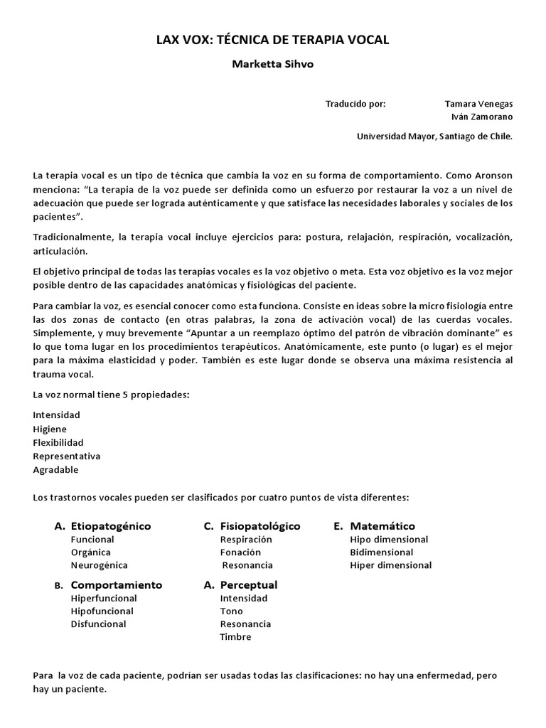 Lax Vox Tecnica de Terapia Vocal | PDF | Vocal | Voz humana