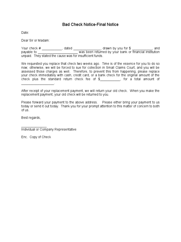Final Notice: Bad Check Payment Required | PDF | Cheque | Payments
