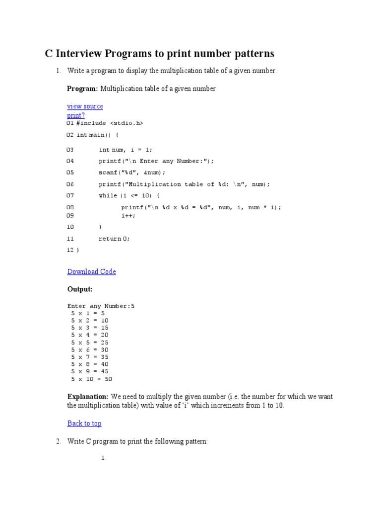 C Interview Programs To Print Number Patterns | Download Free PDF ...