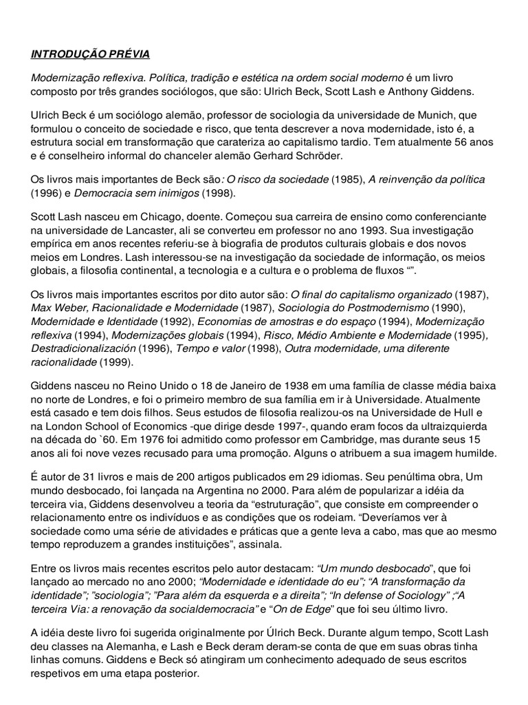 Modernizacao Reflexiva Ulrich Beck Scott Lash e Anthony Giddens PDF ...