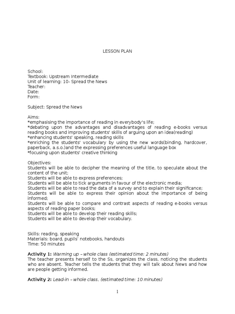 Spread the News Lesson Plan | PDF | Reading (Process) | Lesson Plan