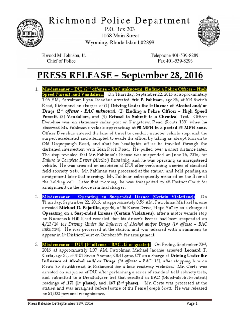 Press Release From The Richmond Police Department: Sept. 28, 2016 | PDF ...