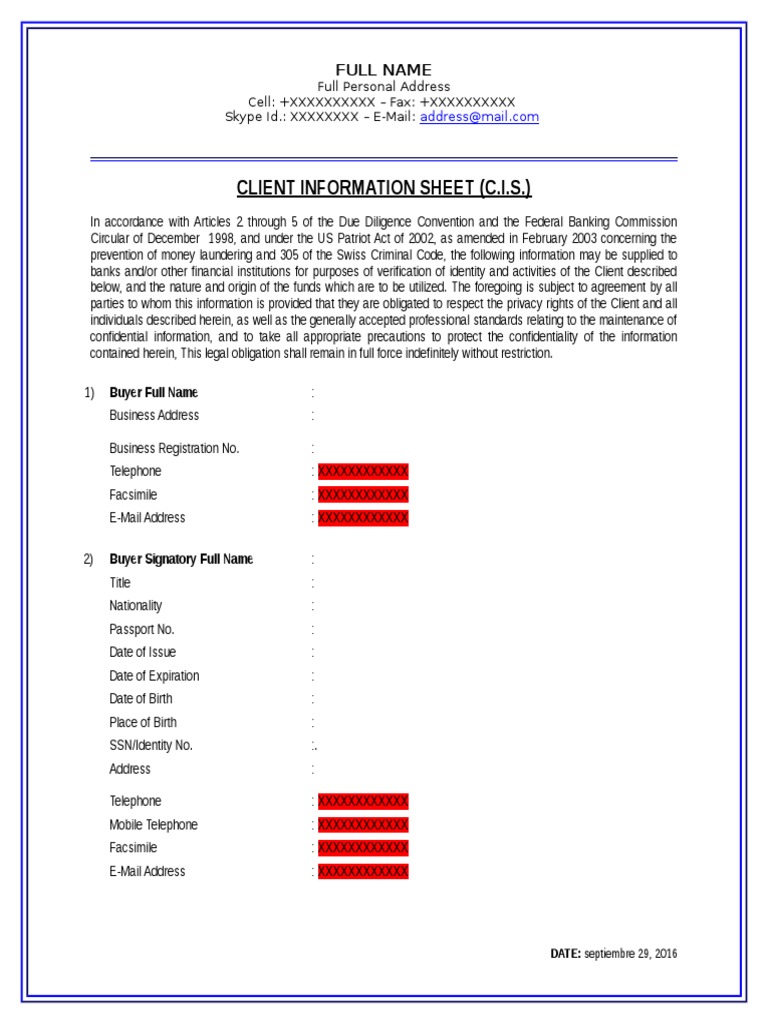 (C.i.s.) Client Information Sheet - Modelo 1 | PDF | Patriot Act | Fax