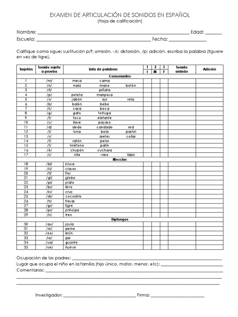 Ficha de Evaluacion de Articulación de Sonidos en Español