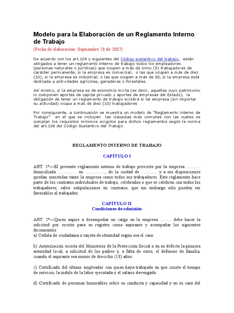Modelo de Reglamento Interno de Trabajo | PDF | Derecho laboral | Salario