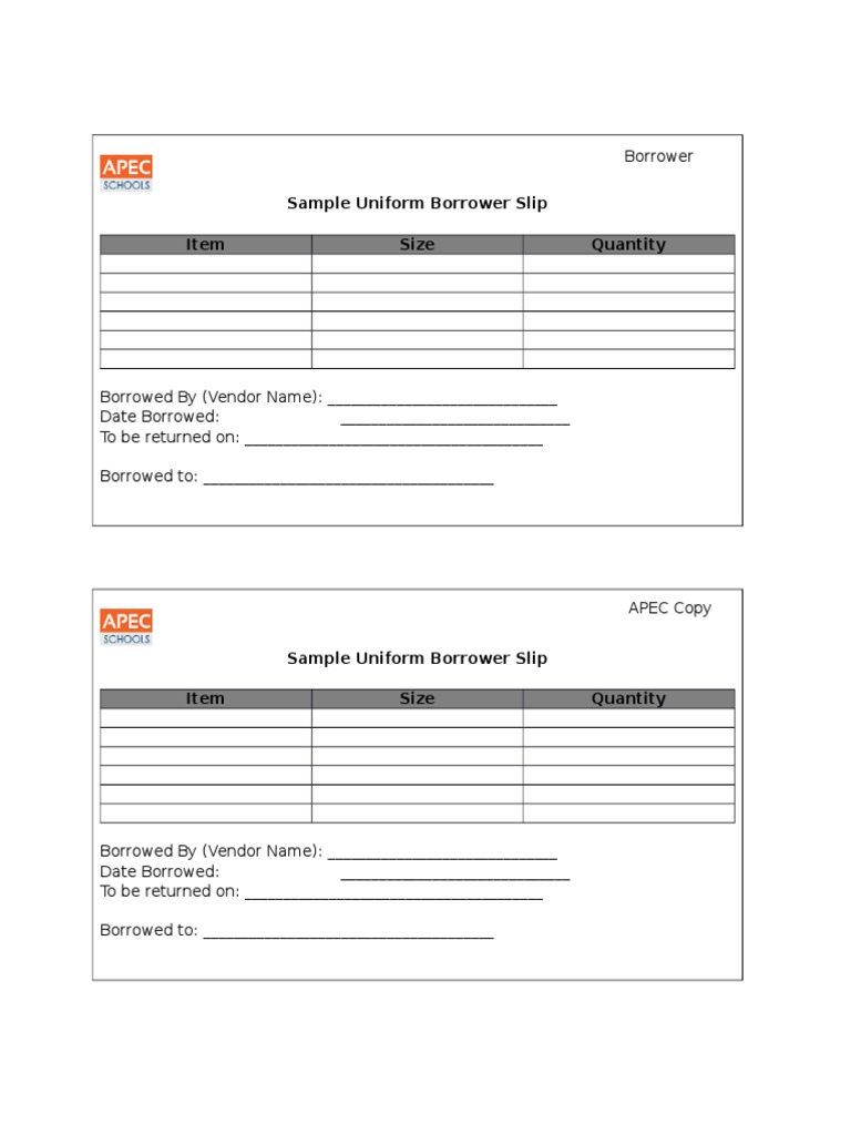 APEC - Sample Uniform Borrower Slip | PDF