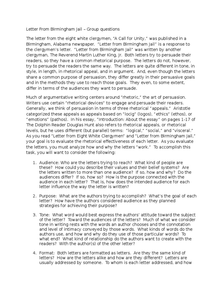 Letter From Birmingham Jail Group Questions | PDF | Rhetoric | Persuasion