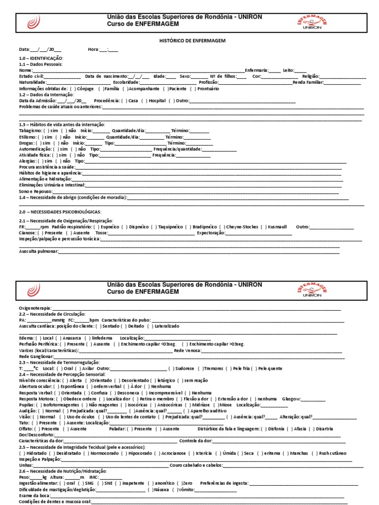 Ficha de SAE e Histórico | Enfermagem | Especialidades Médicas