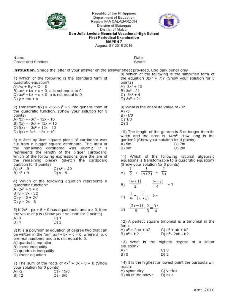 First Periodical Exam in Mathematics 9 | PDF | Quadratic Equation ...