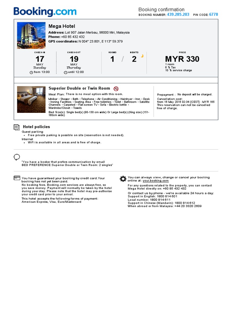 Booking Confirmation: Superior Double or Twin Room | PDF