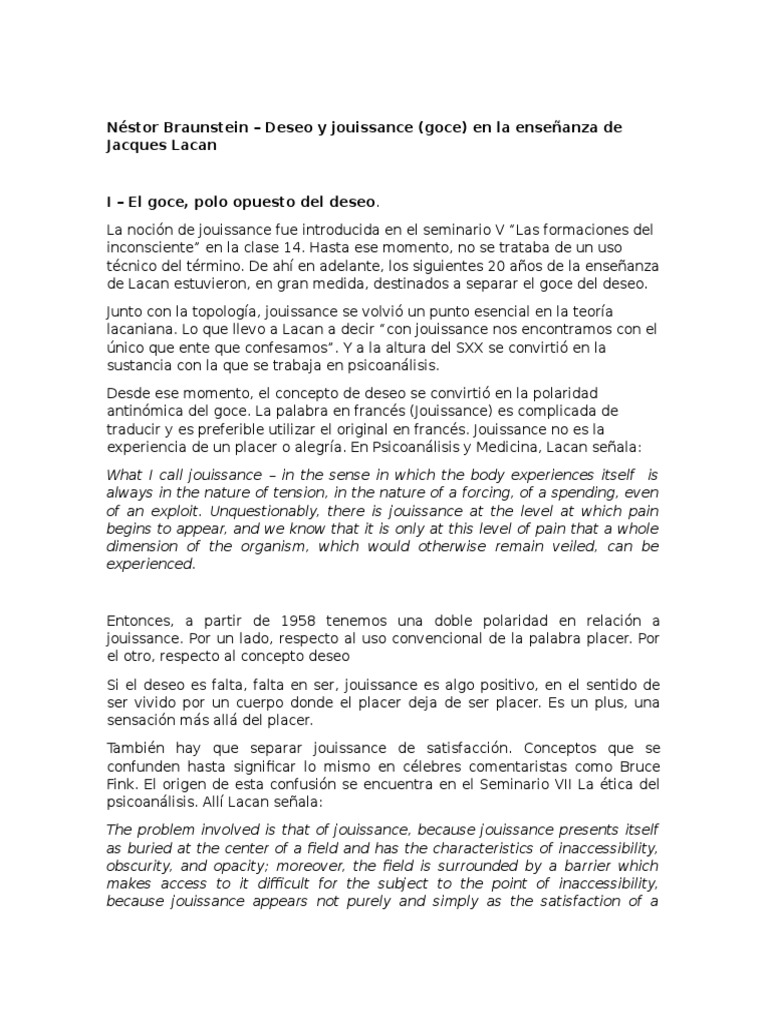 Braunstein Deseo y Goce en La Enseñanza de J Lacan | PDF | Jacques Lacan | Mente inconsciente