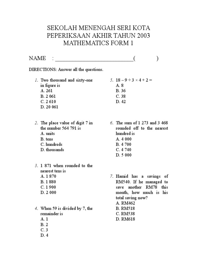 Peperiksaan Akhir Tahun 2003 Paper 1 (f1 Math) II | PDF | Angle ...