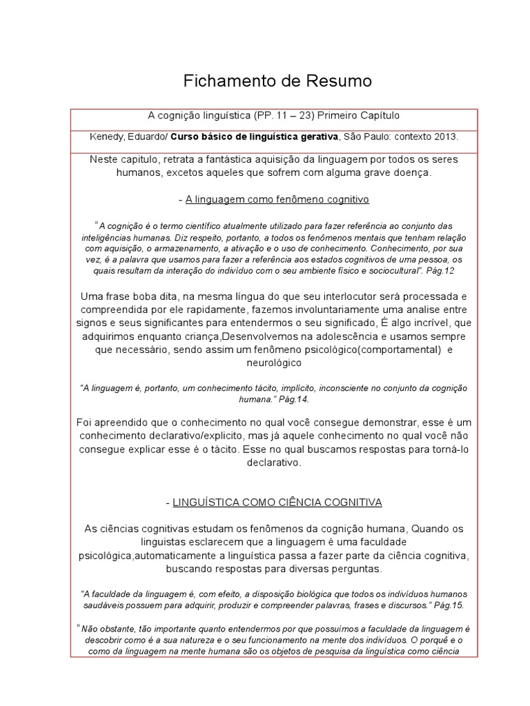 Fichamento de Resumo | Linguística | Psicologia e ciência cognitiva