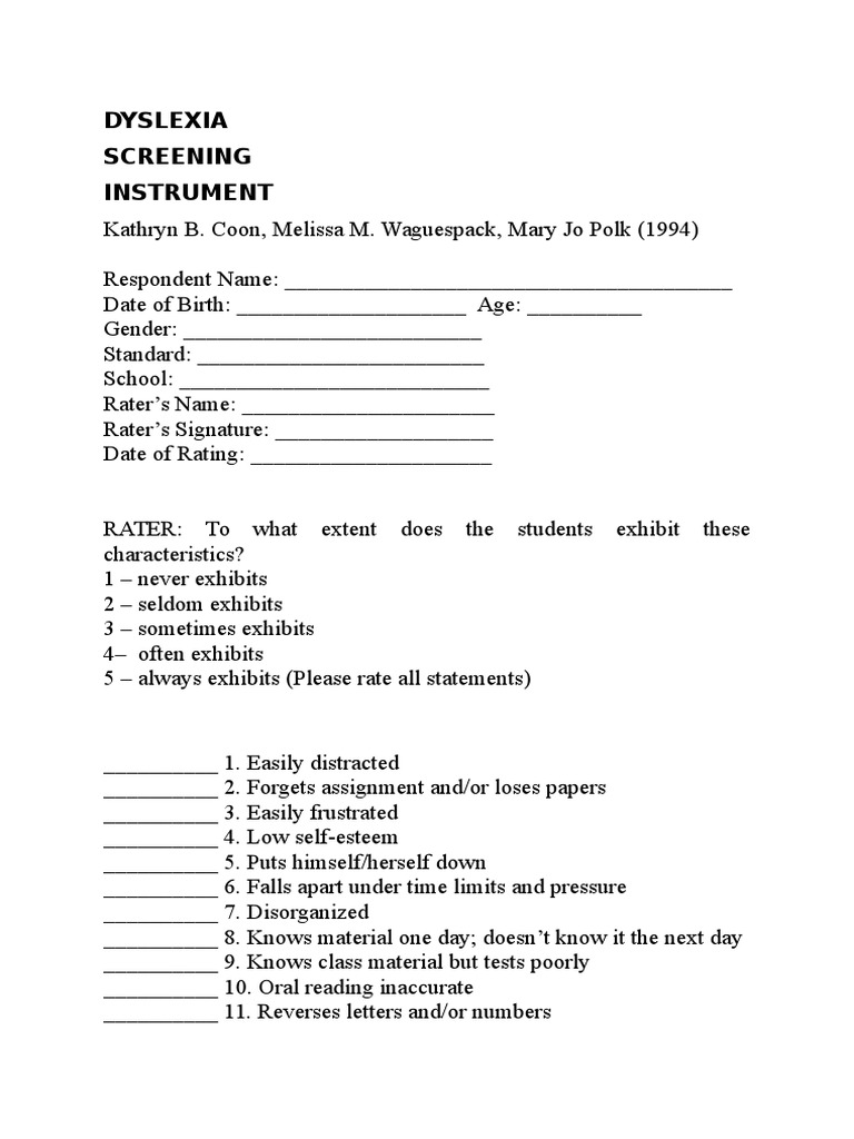 Dyslexia Screening Checklist | PDF | Dyslexia | Educational Psychology