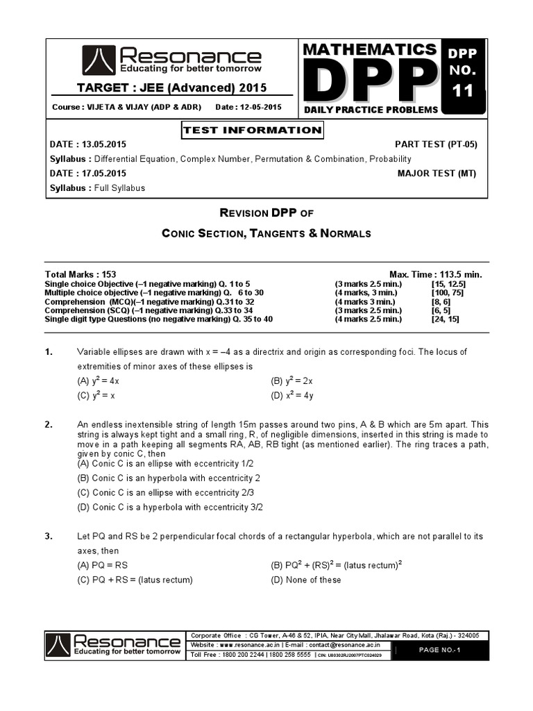 2015 - 05!12!16!57!12 DPP Math Revision Tangent Normal | PDF | Perpendicular | Ellipse