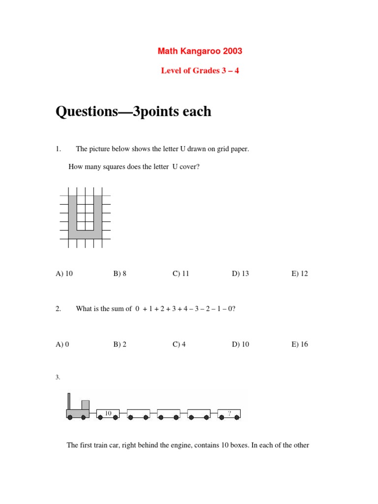 Questions-3points Each: Math Kangaroo 2003 Level of Grades 3 - 4 | PDF