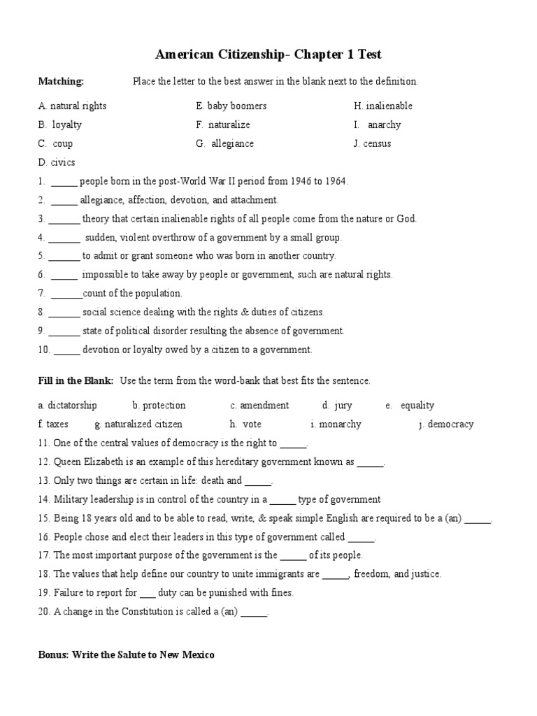 American Citizenship-Chapter 1 Test: Matching | PDF