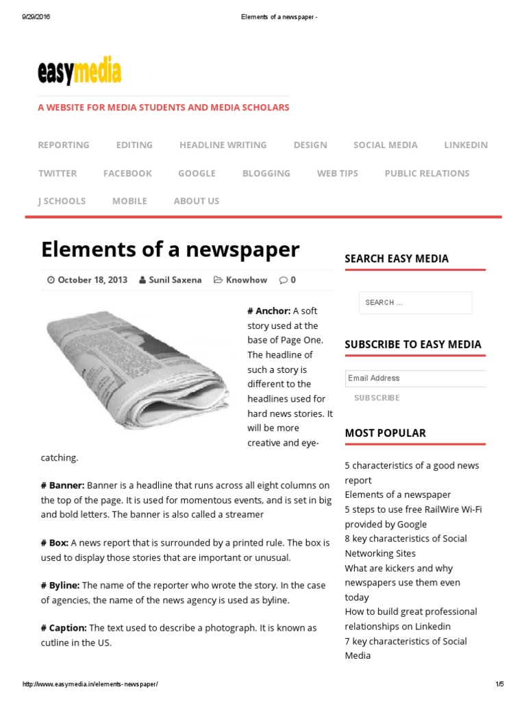 Elements of A Newspaper | PDF | Newspapers | News