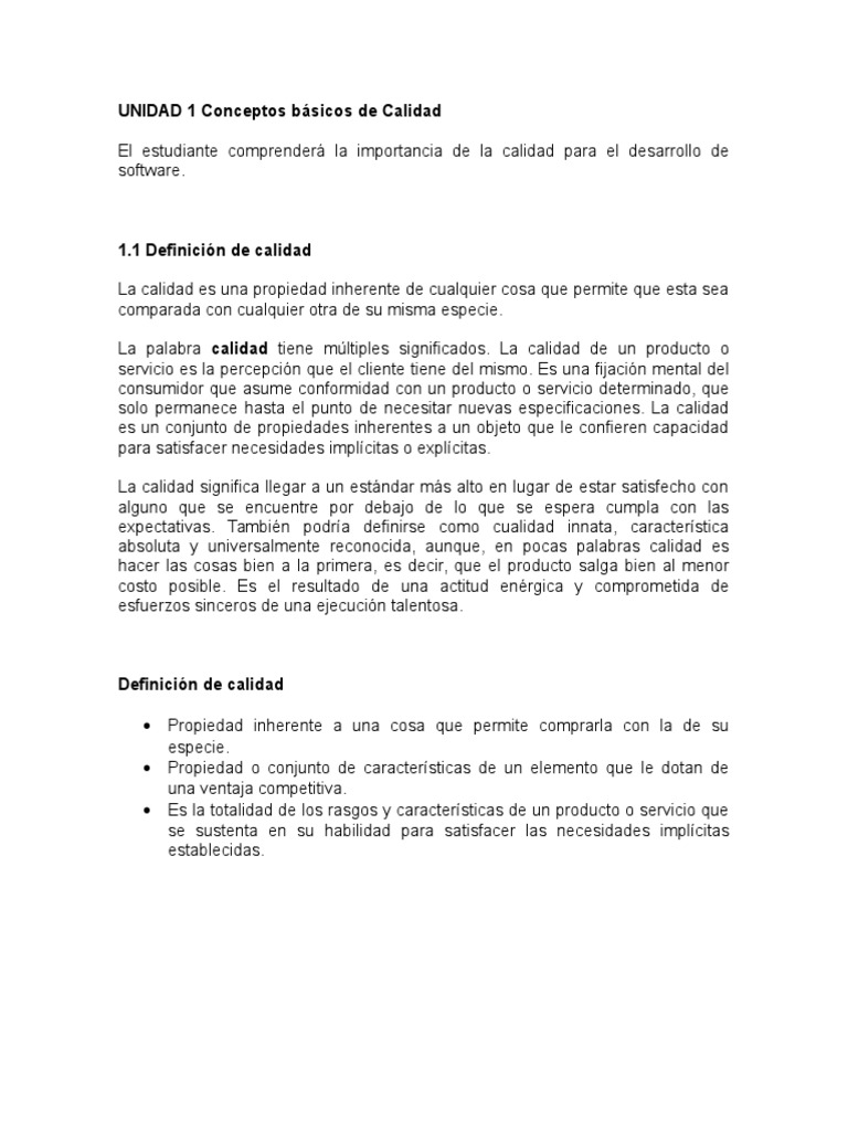 UNIDAD 1 Conceptos Básicos de Calidad | PDF | Calidad (comercial ...