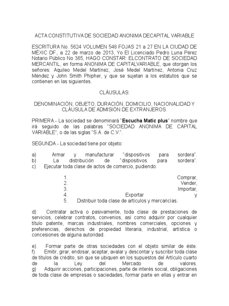 Acta Constitutiva Sociedad Anonima | PDF