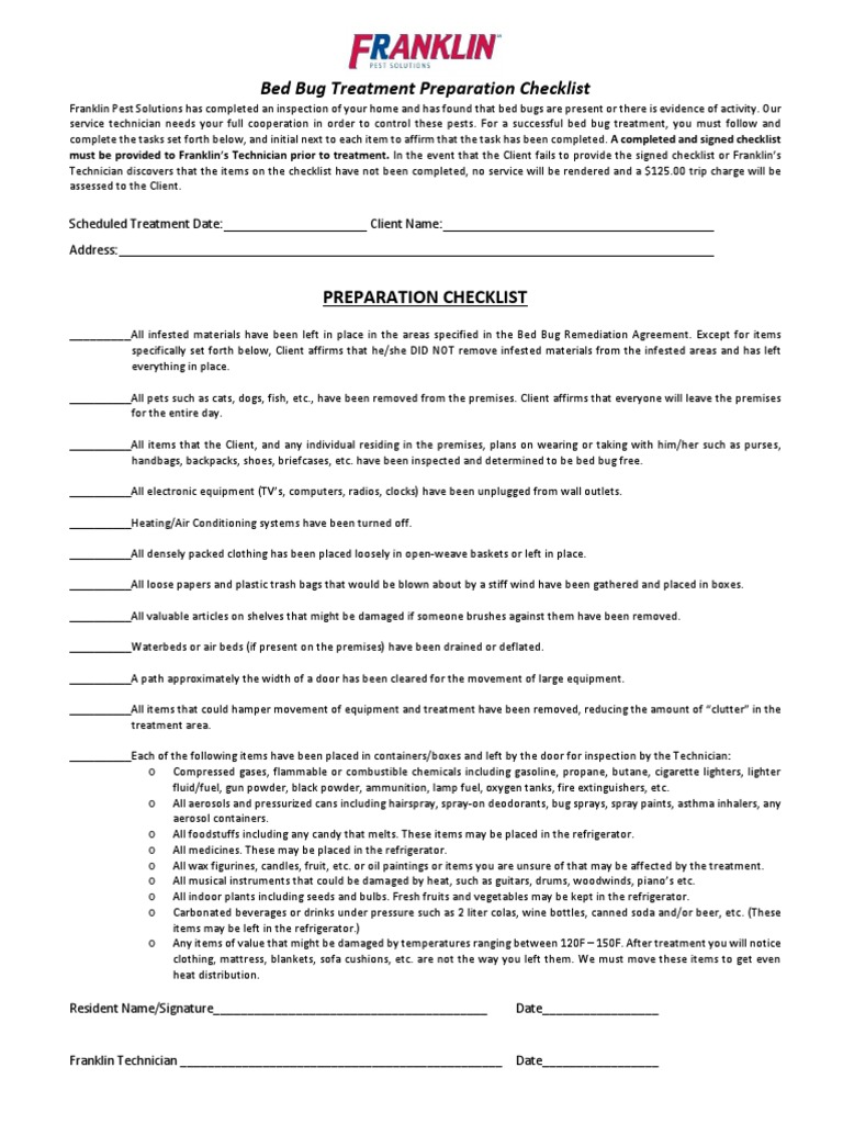 Franklin Pest Bed Bug Prep Sheet | PDF | Oxygen | Refrigerator