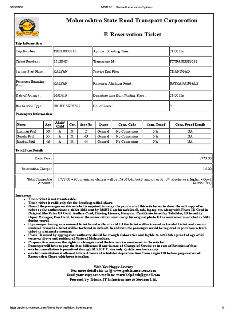 MSRTC Night Express Bus Ticket from Kalyan to Batkanangale | PDF